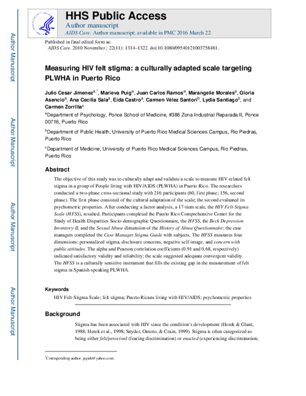 (PDF) Measuring HIV felt stigma: a culturally adapted scale targeting ...