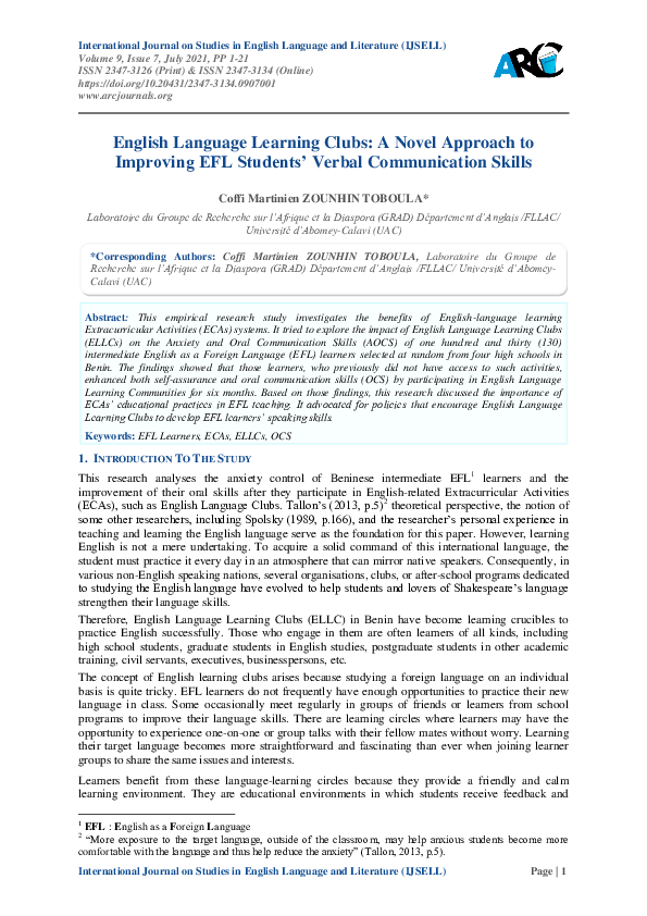 (PDF) English Language Learning Clubs: A Novel Approach to Improving ...