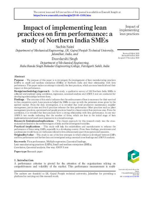 Pdf Impact Of Implementing Lean Practices On Firm Performance A