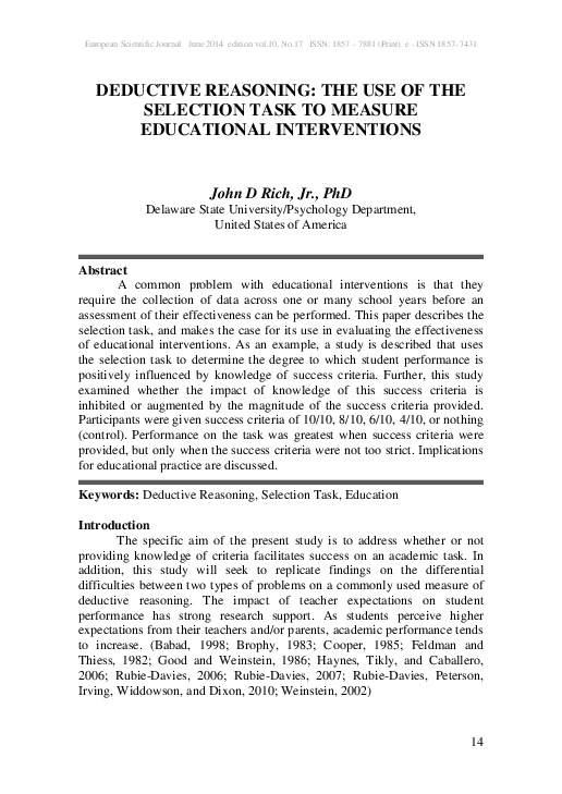 (PDF) Deductive Reasoning: The Use of the Selection Task to Measure Educational Interventions