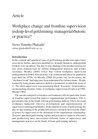 (PDF) Workplace change and frontline supervision in deep-level gold ...