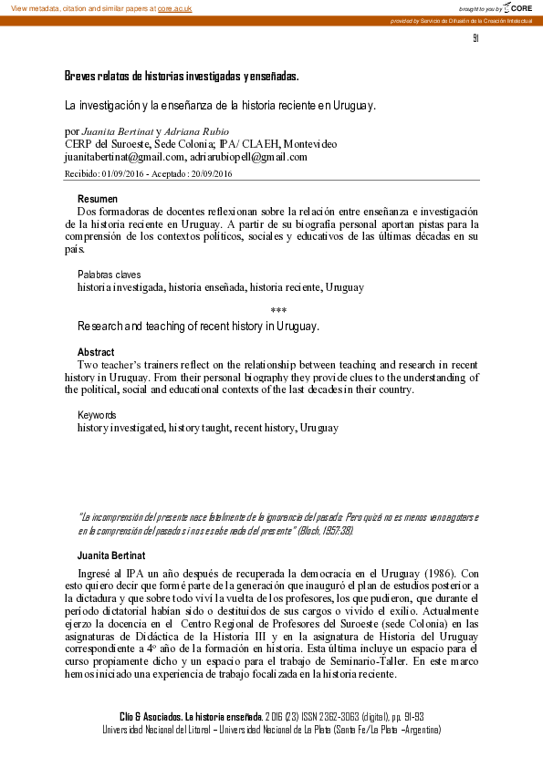 (PDF) Research and teaching of recent history in Uruguay