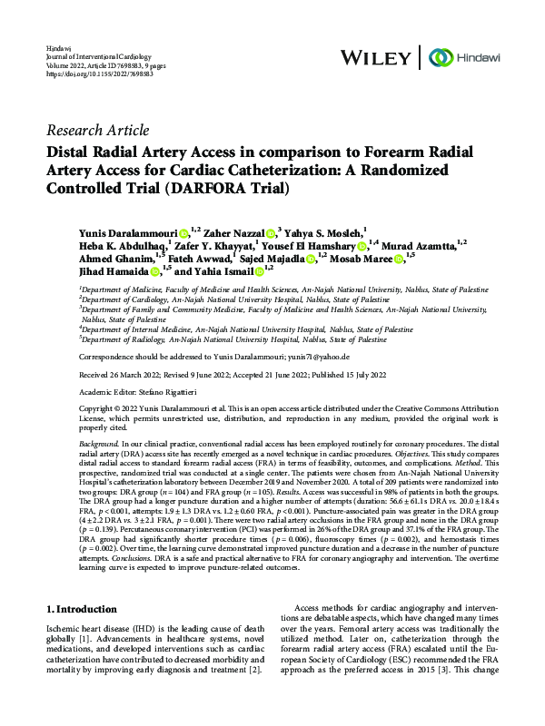 (PDF) Distal Radial Artery Access in comparison to Forearm Radial Artery Access for Cardiac ...