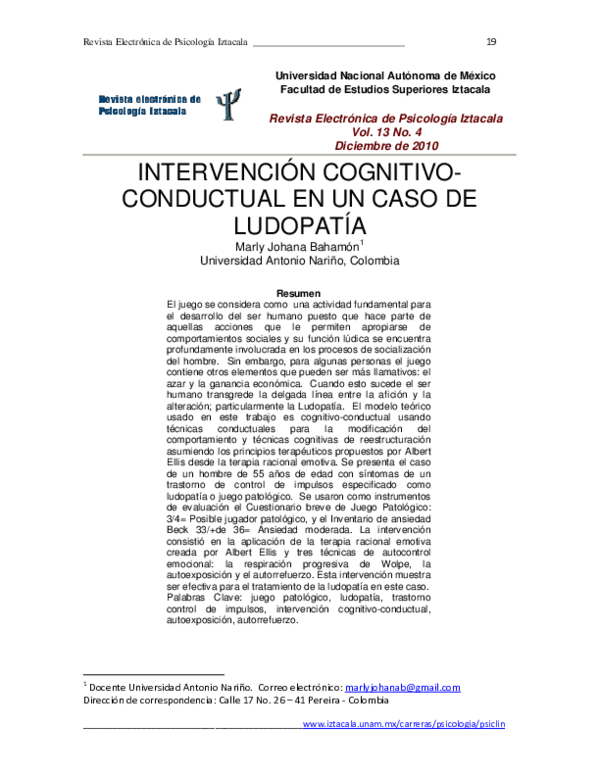 (PDF) Intervención cognitivo-conductual en un caso de ludopatía | Marly Bahamon - Academia.edu