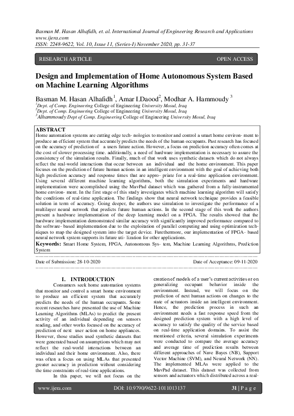 (PDF) Design and Implementation of Home Autonomous System Based on Machine Learning Algorithms