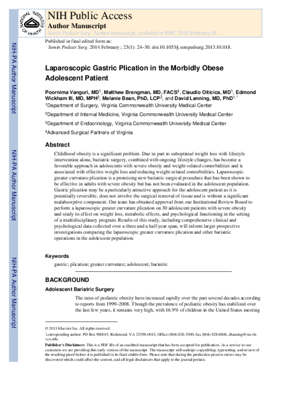 (PDF) Laparoscopic gastric plication in the morbidly obese adolescent ...
