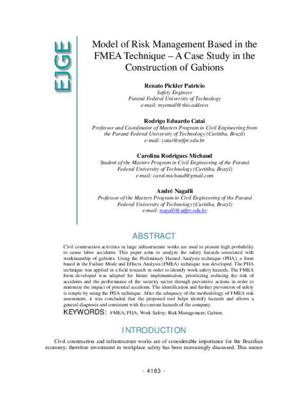 (PDF) Model of Risk Management Based in the FMEA Technique-A Case Study in the Construction of ...
