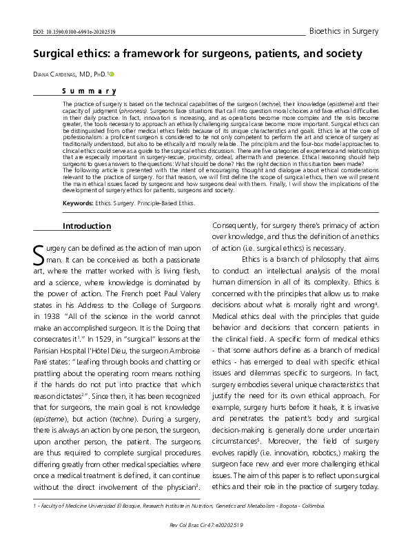(PDF) Surgical ethics: a framework for surgeons, patients, and society