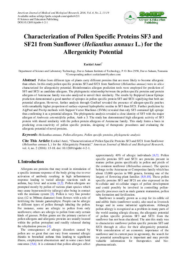 (PDF) Characterization of Pollen Specific Proteins SF3 and SF21 from ...