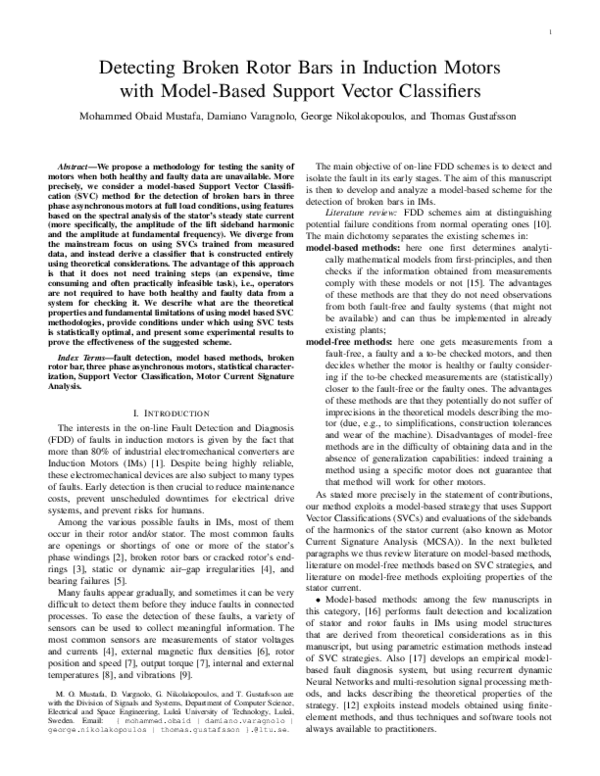 Pdf Detecting Broken Rotor Bars In Induction Motors With Model Based Support Vector Classifiers