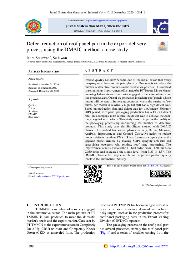 (PDF) Defect reduction of roof panel part in the export delivery process using the DMAIC method ...