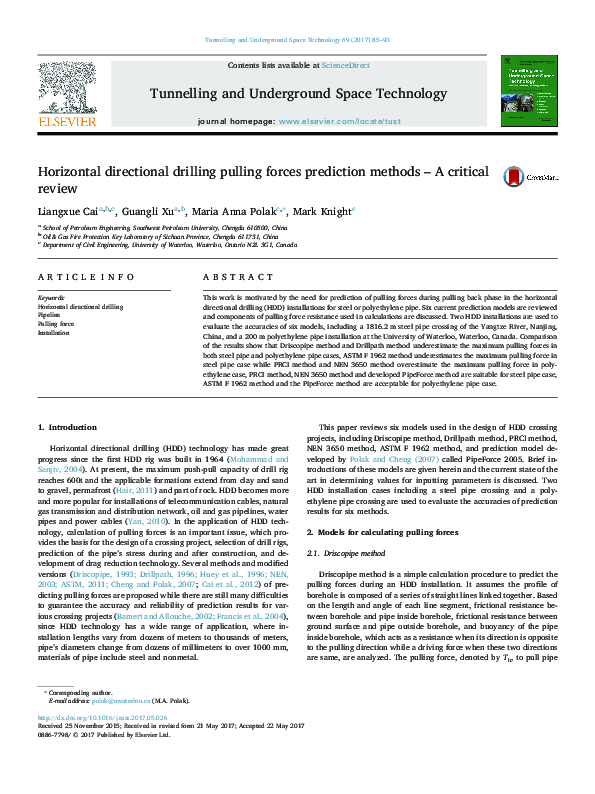 (PDF) Horizontal directional drilling pulling forces prediction methods ... (PDF) Horizontal directional drilling pulling forces prediction methods ...