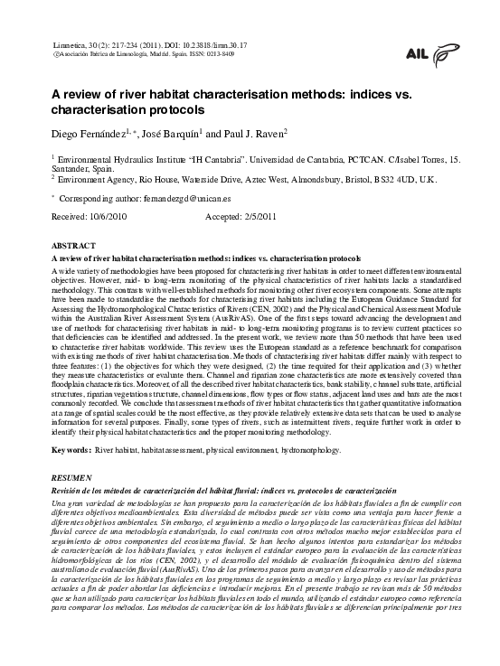 (PDF) A review of river habitat characterisation methods: indices vs. characterisation protocols