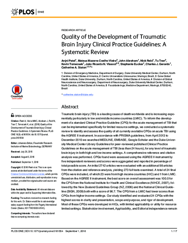 (PDF) Quality of the Development of Traumatic Brain Injury Clinical Practice Guidelines: A ...
