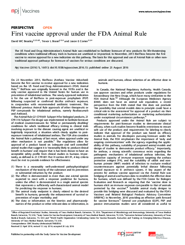 (PDF) First vaccine approval under the FDA Animal Rule