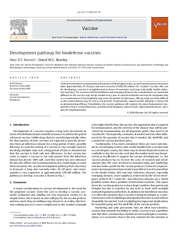 (PDF) Development pathway for biodefense vaccines