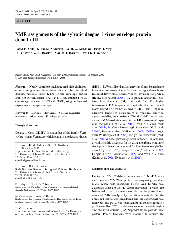 (PDF) NMR assignments of the sylvatic dengue 1 virus envelope protein ...