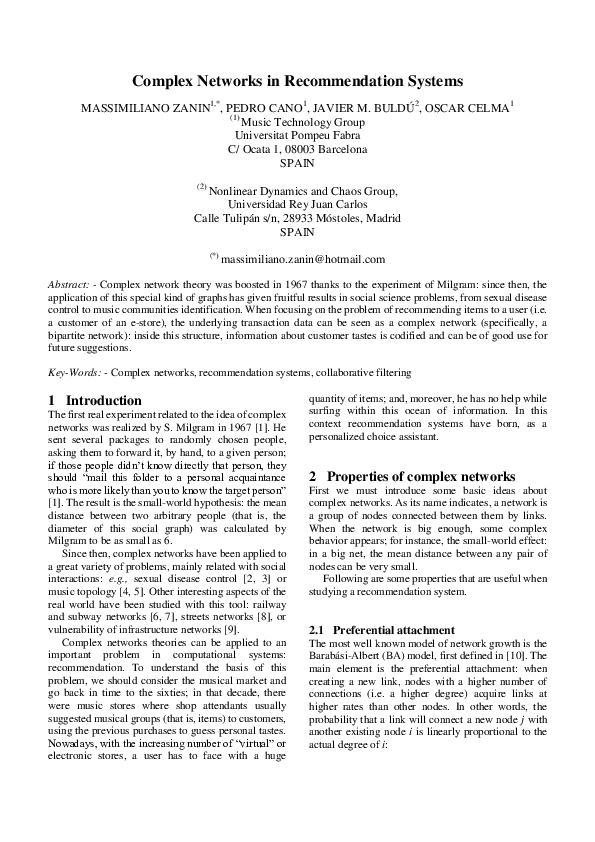 (PDF) Complex networks in recommendation systems
