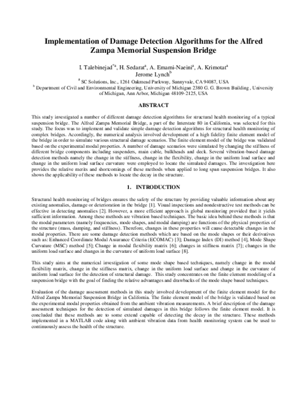 (PDF) Implementation of damage detection algorithms for the Alfred Zampa Memorial Suspension Bridge