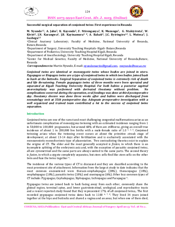 (PDF) First Successful Separation of Pygopagus Twins in Rwanda