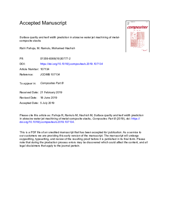 Pdf Surface Quality And Kerf Width Prediction In Abrasive Water Jet Machining Of Metal