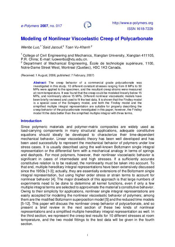 (PDF) Modeling of Nonlinear Viscoelastic Creep of Polycarbonate