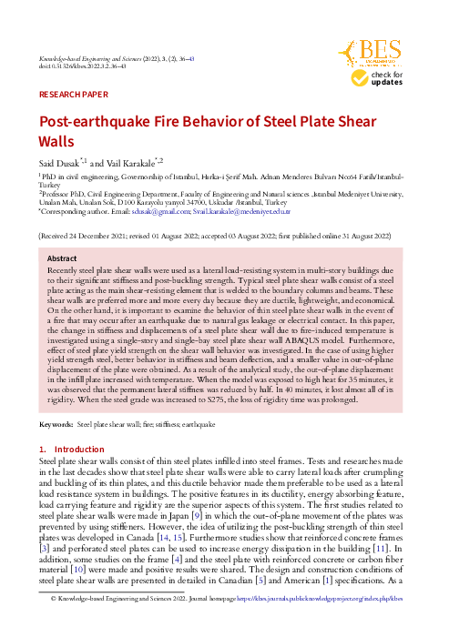 (PDF) Post-earthquake Fire Behavior of Steel Plate Shear Walls
