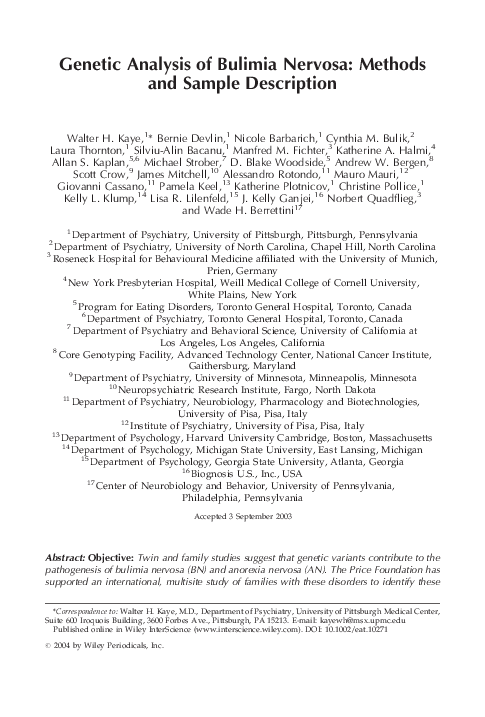 (PDF) Genetic analysis of bulimia nervosa: Methods and sample description