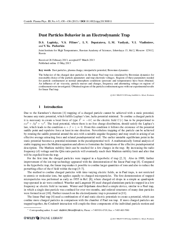 (PDF) Dust Particles Behavior in an Electrodynamic Trap