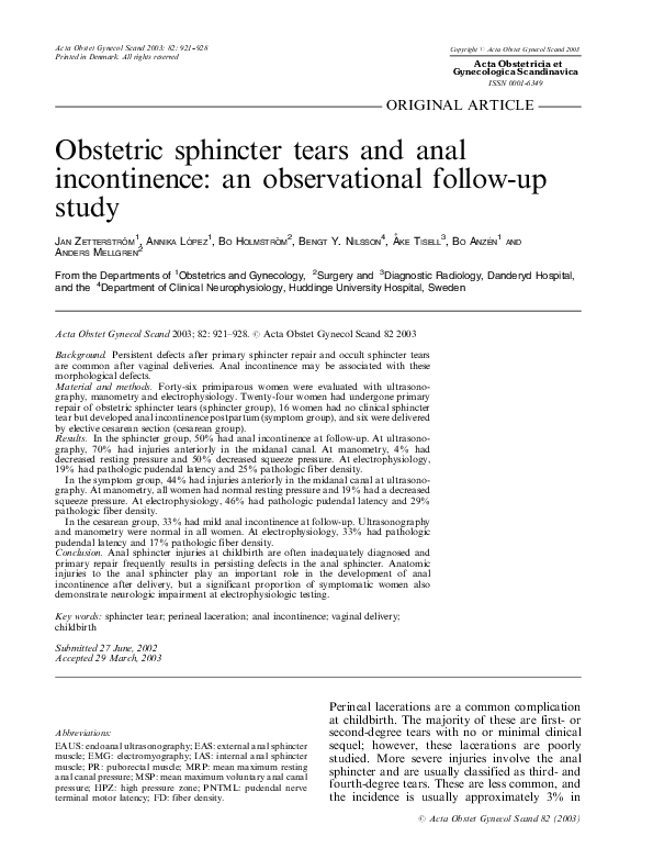 (PDF) Obstetric sphincter tears and anal incontinence: an observational ...