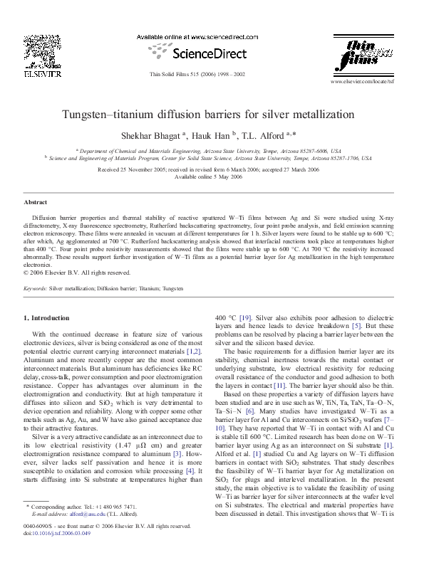 (PDF) Tungsten–titanium diffusion barriers for silver metallization