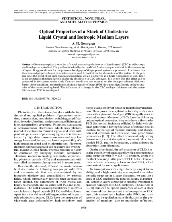 (PDF) Optical properties of a stack of cholesteric liquid crystal and ...