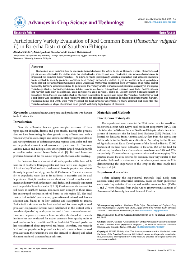 (PDF) Participatory Variety Evaluation of Red Common Bean (Phaseolus vulgaris L.) in Borecha ...
