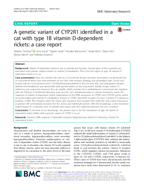 (PDF) A genetic variant of CYP2R1 identified in a cat with type 1B ...