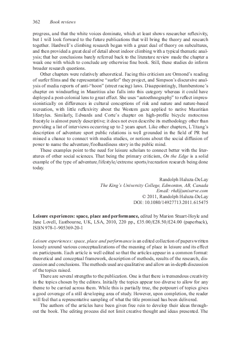 (PDF) Leisure experiences: space, place and performance, edited by ...