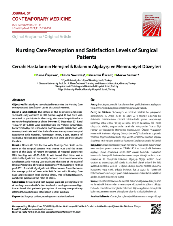 (PDF) Nursing Care Perception and Satisfaction Levels of Surgical Patients