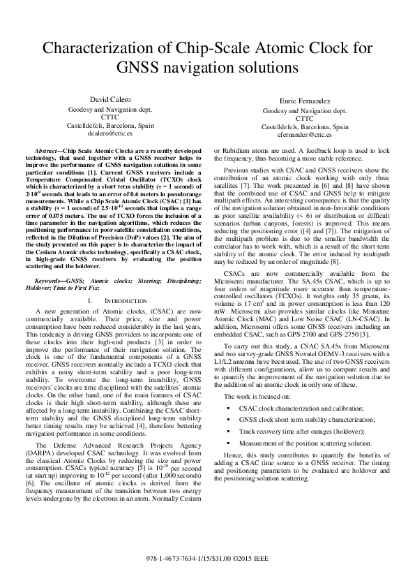 (PDF) Characterization of Chip-Scale Atomic Clock for GNSS navigation solutions