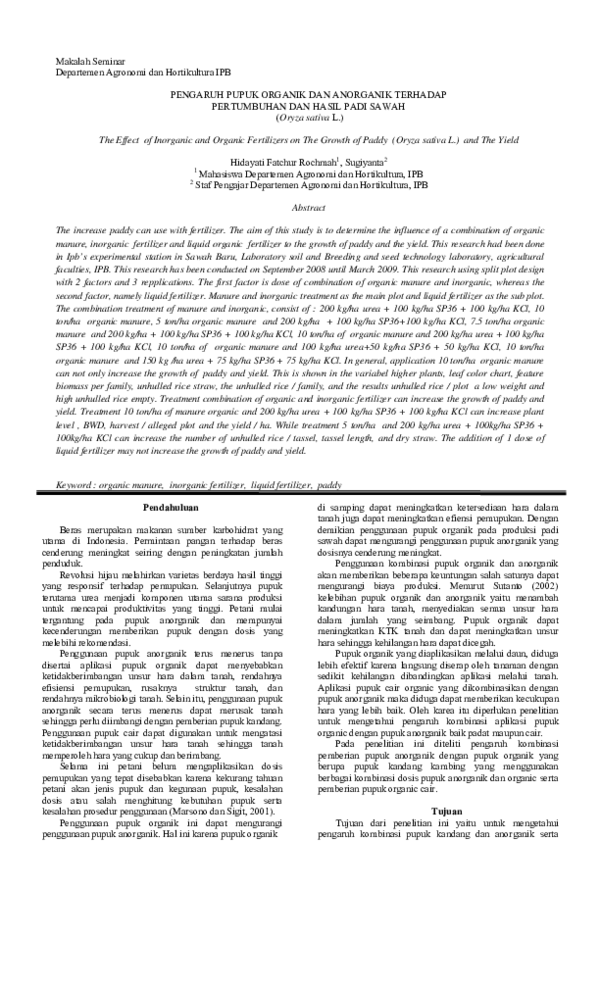 (PDF) Pengaruh Pupuk Organik dan Anorganik terhadap Pertumbuhan dan Hasil Padi Sawah (Oryza ...