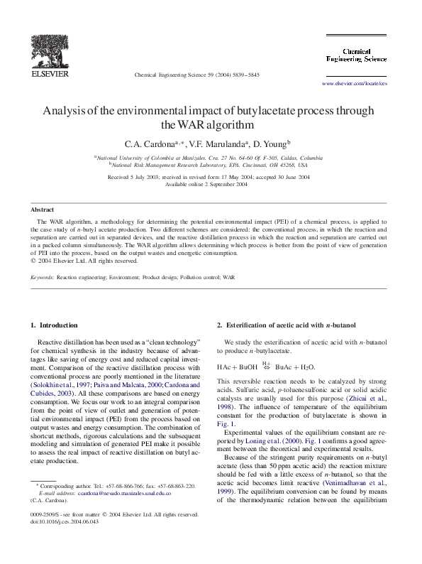 (PDF) Analysis of the environmental impact of butylacetate process through the WAR algorithm
