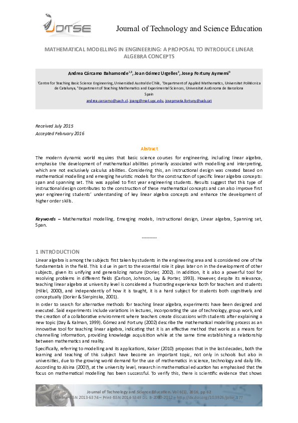 (PDF) Enhancing Linear Algebra through Modeling in Engineering