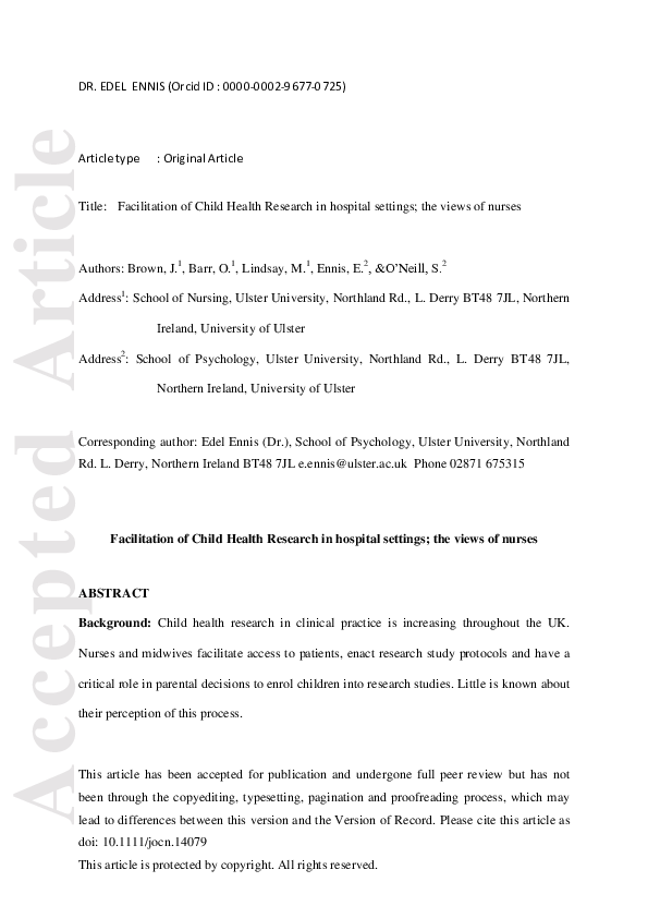 (PDF) Facilitation of child health research in hospital settings: The ...