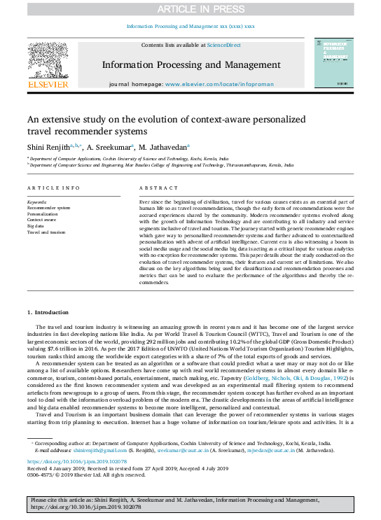 (PDF) An extensive study on the evolution of context-aware personalized travel recommender systems