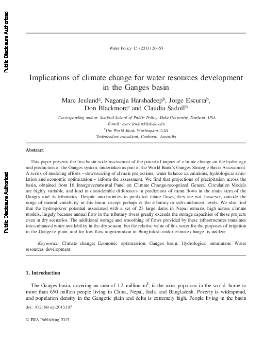 (PDF) Implications of climate change for water resources development in the Ganges basin