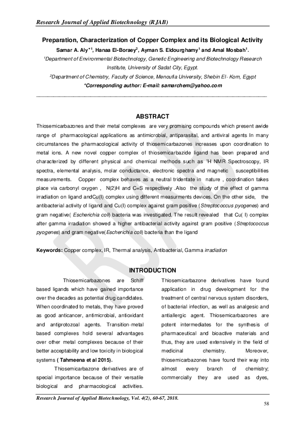 (PDF) Copper Complex of Thiosemicarbazide: Synthesis and Bioactivity (PDF) Copper Complex of Thiosemicarbazide: Synthesis and Bioactivity