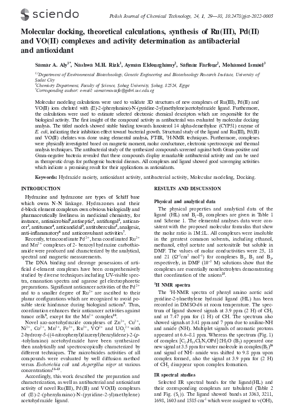 (PDF) Molecular docking, theoretical calculations, synthesis of Ru(III), Pd(II) and VO(II ...