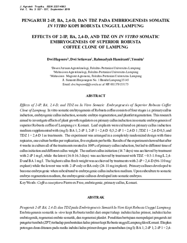 (PDF) Effects of 2-IP, Ba, 2,4-D, and TDZ on in Vitro Somatic ...