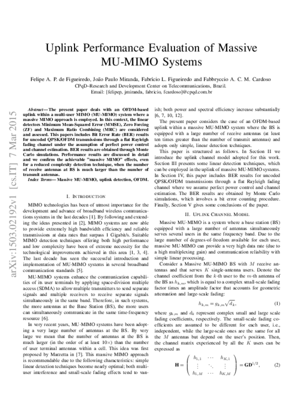 Pdf Uplink Performance Evaluation Of Massive Mu Mimo Systems