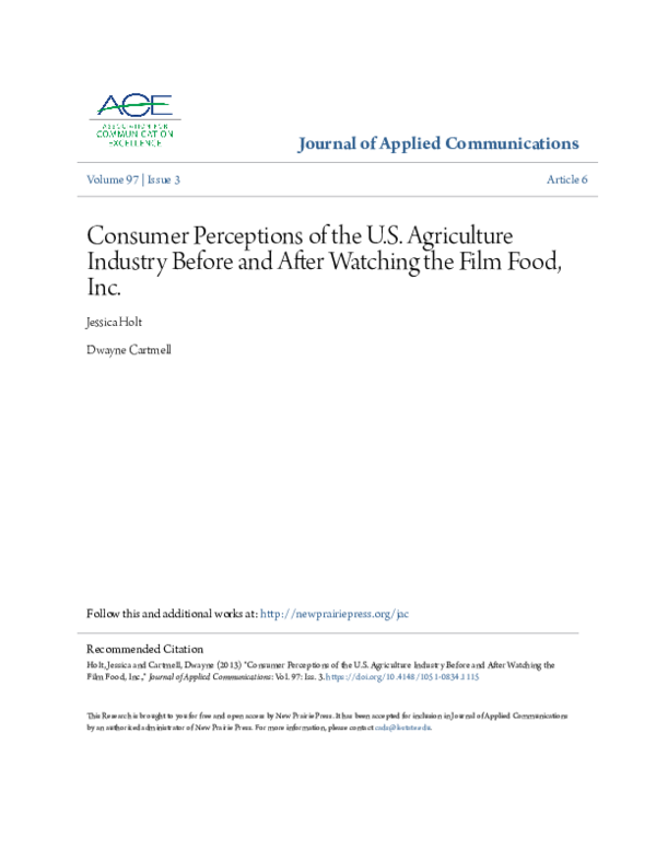 (PDF) Consumer Perceptions of the U.S. Agriculture Industry Before and ...