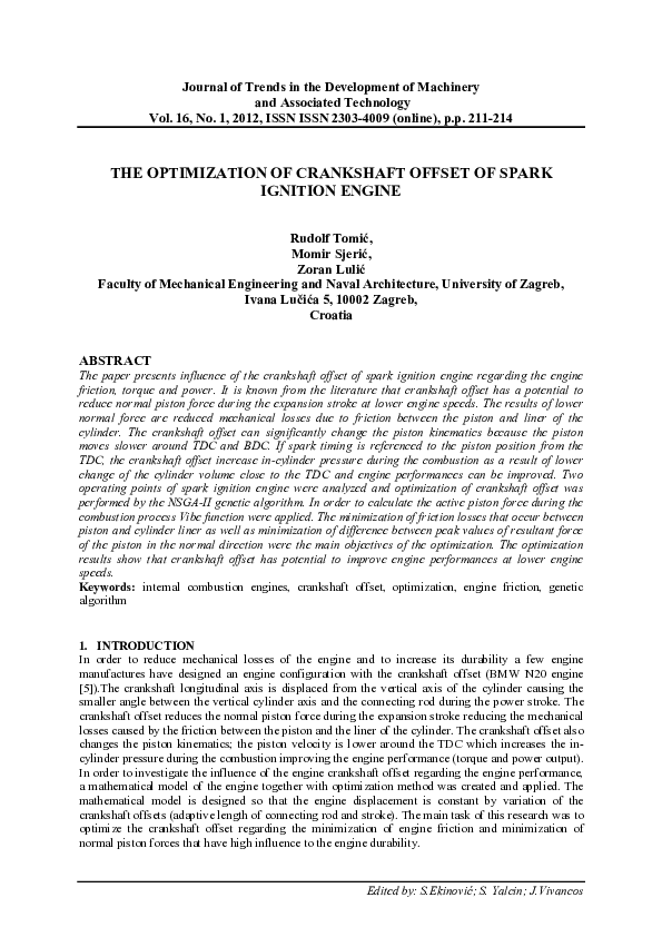 (PDF) The Optimization of Crankshaft Offset of Spark Ignition Engine