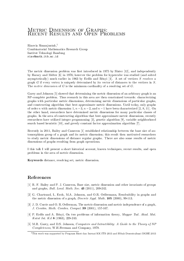 Pdf Metric Dimension Of Graphs Recent Results And Open Problems